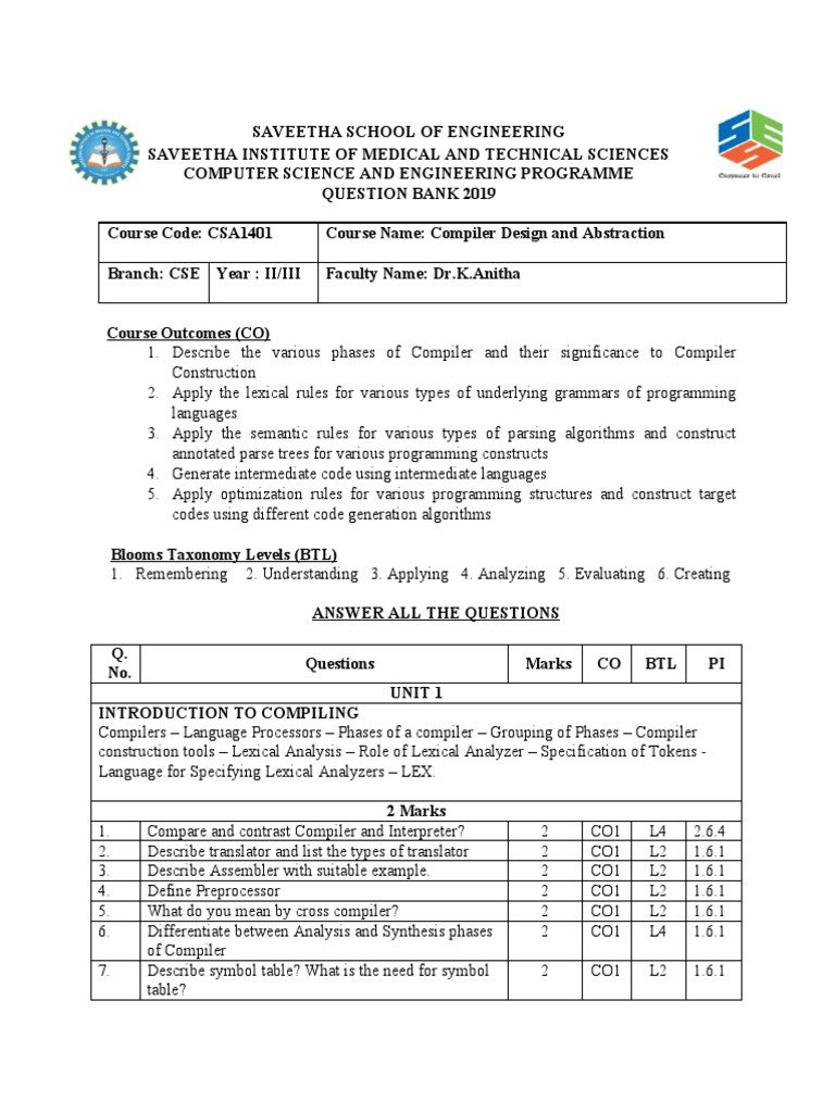 QB Compiler Design | PDF | Parsing | Compiler
