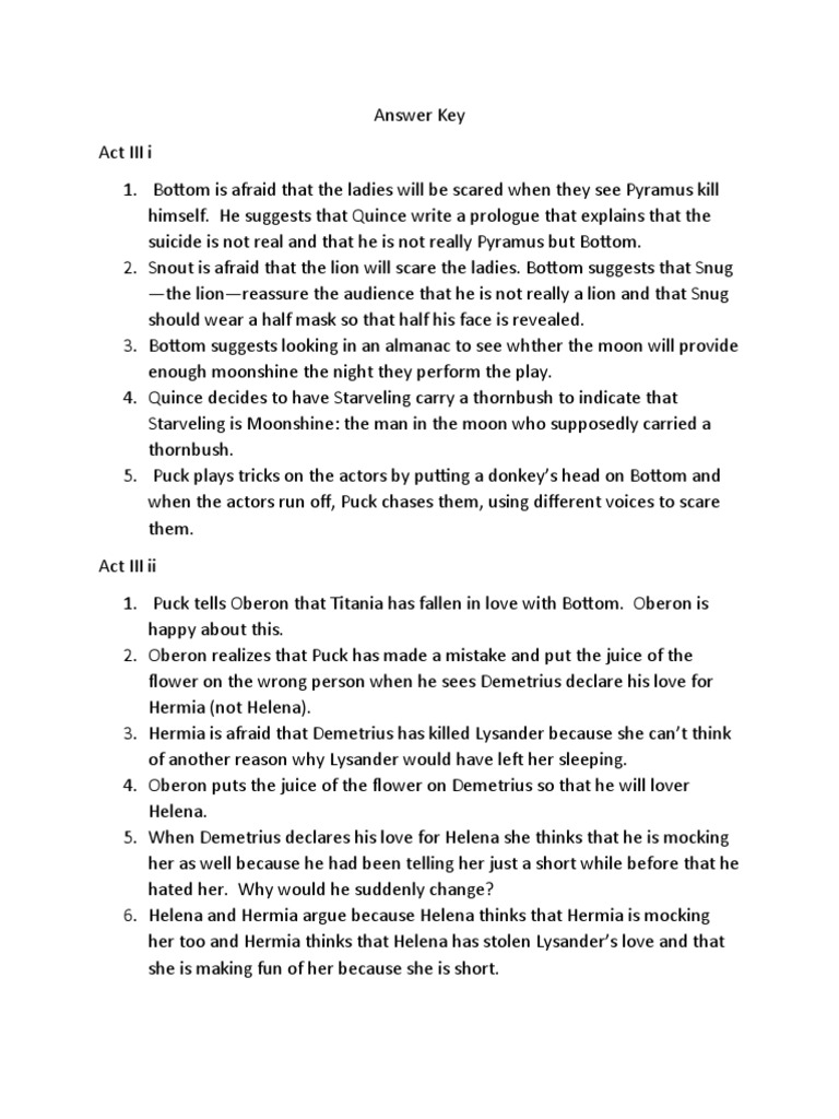 Answer Key For A Midsummer Night's Dream Questions | PDF | A Midsummer ...