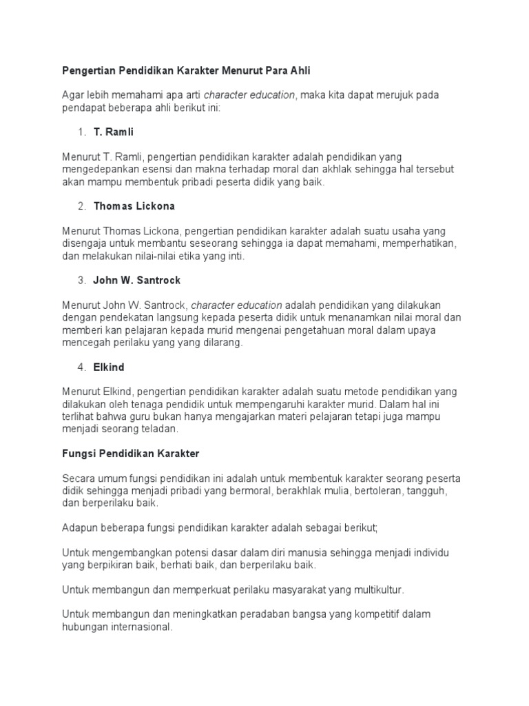 Pengertian Pendidikan Karakter Menurut para Ahli | PDF