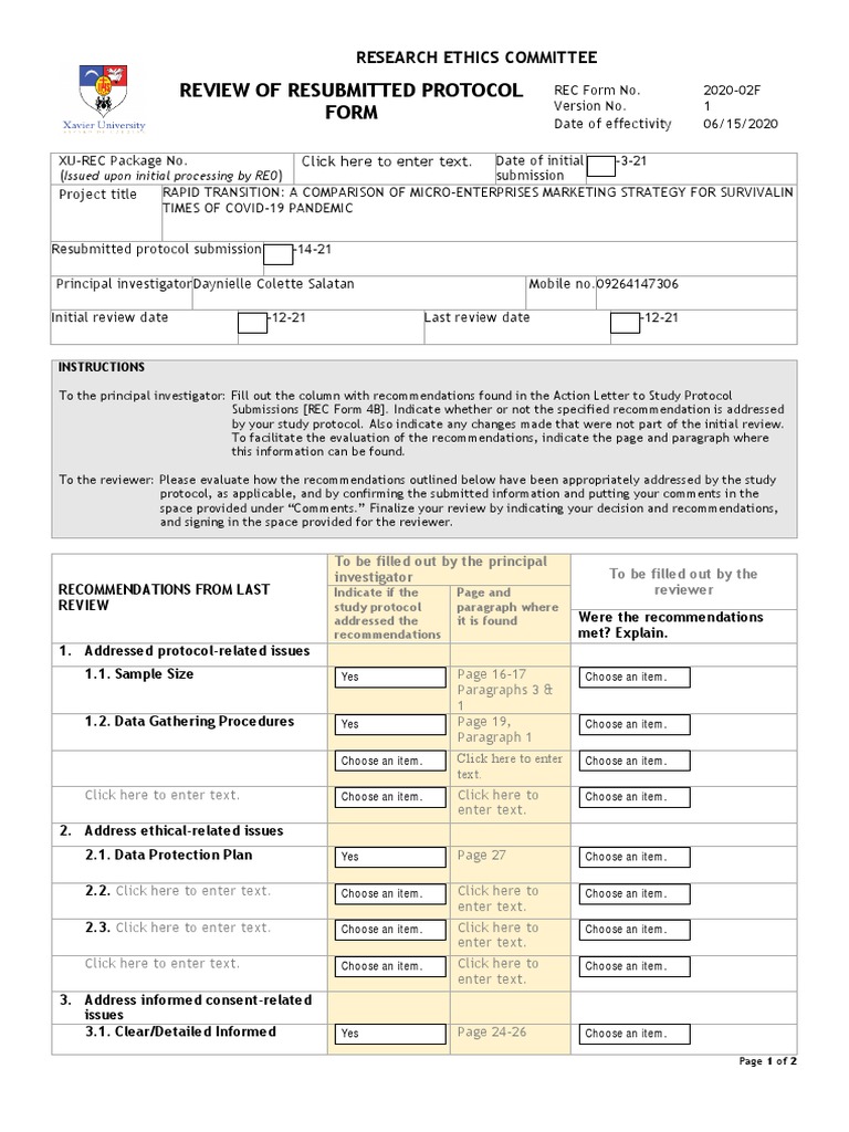 REC Form 02F Review of Resubmitted Protocol Form | PDF | Institutional ...