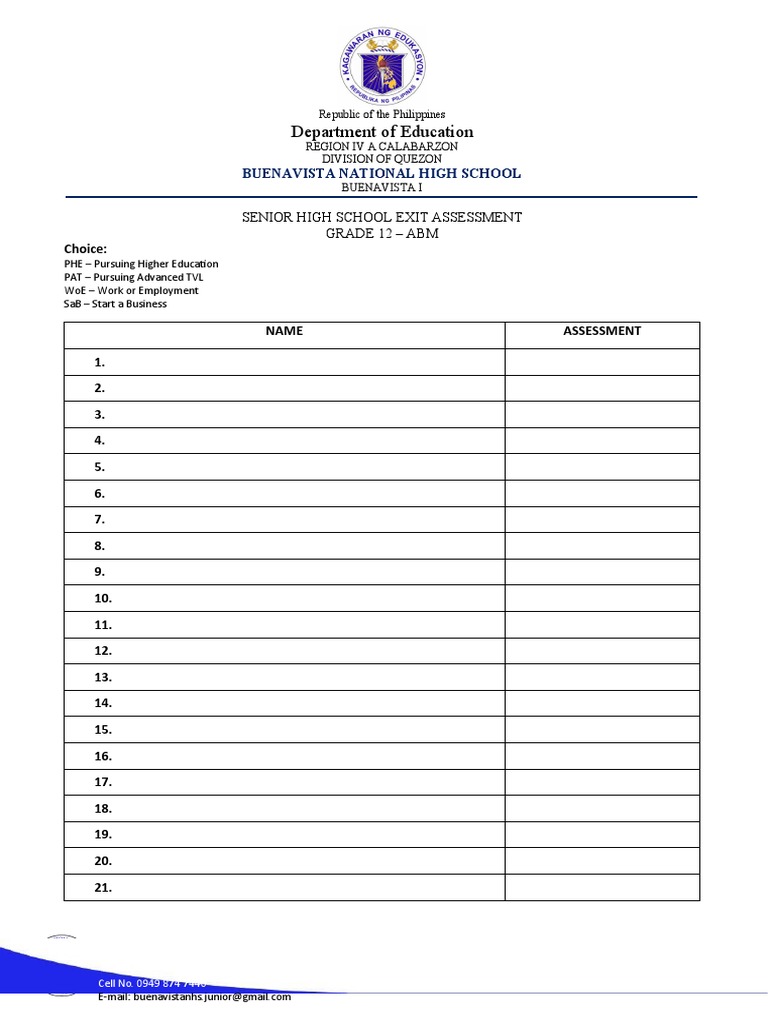 Grade 12 Exit Assessment Template | PDF