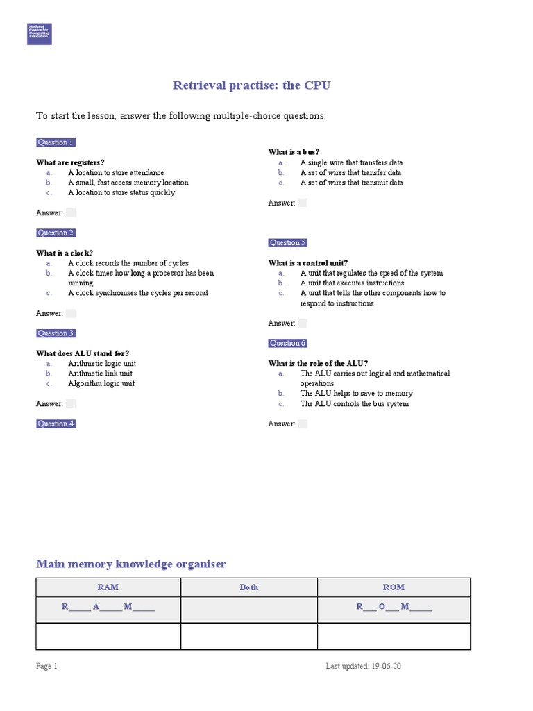 Retrieval Practise: The CPU: To Start The Lesson, Answer The Following ...