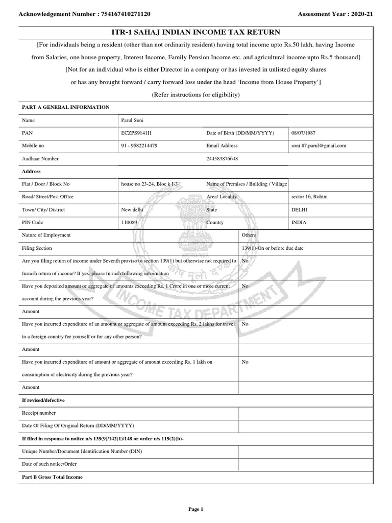 Itr-1 Sahaj Indian Income Tax Return: Acknowledgement Number ...