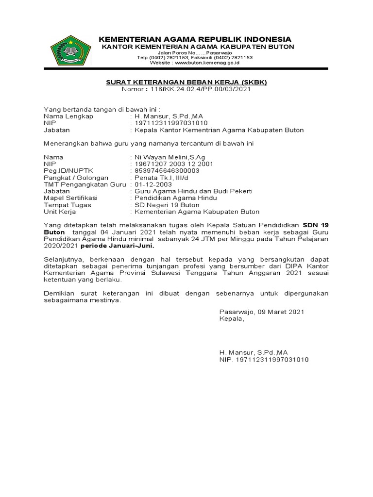 Surat Keterangan Beban Kerja Guru Agama | PDF