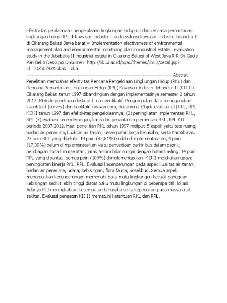 Efektivitas Pelaksanaan Pengelolaaan Lingkungan Hidup RKL Dan Rencana ...