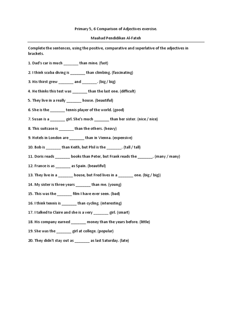 Primary 5,6 Comparison of Adjective Exercise | PDF