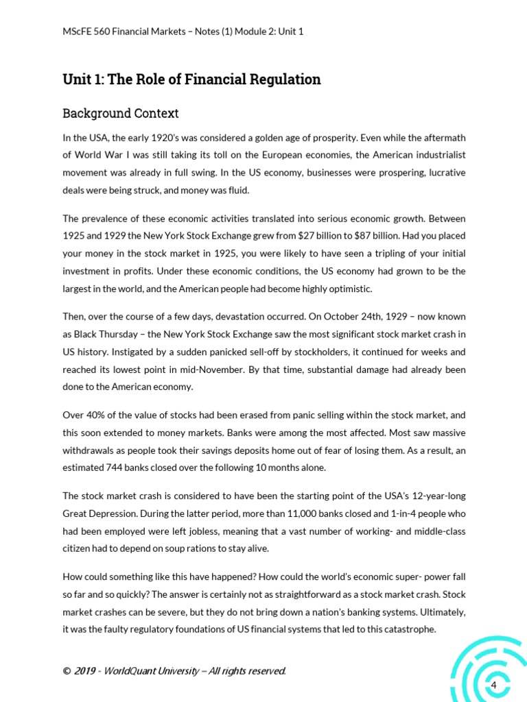 Unit 1: The Role of Financial Regulation: Background Context | PDF ...
