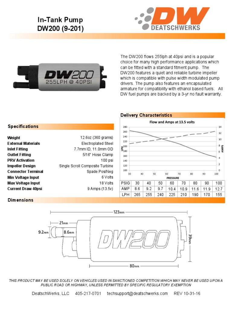 In-Tank Pump DW200 (9-201) : Delivery Characteristics Specifications | PDF