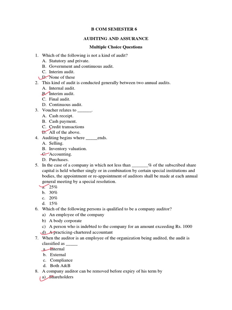 B Com Semester 6 Auditing and Assurance Multiple Choice Questions | Download Free PDF ...