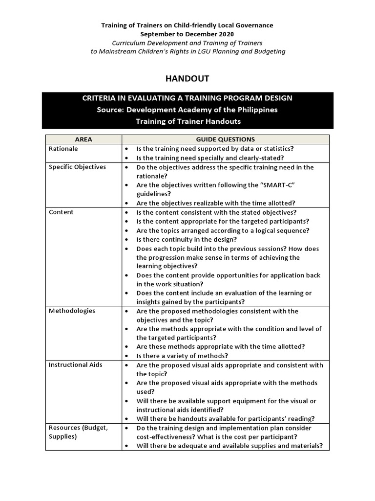 Criteria in Evaluating A Training Program | PDF | Education Theory ...