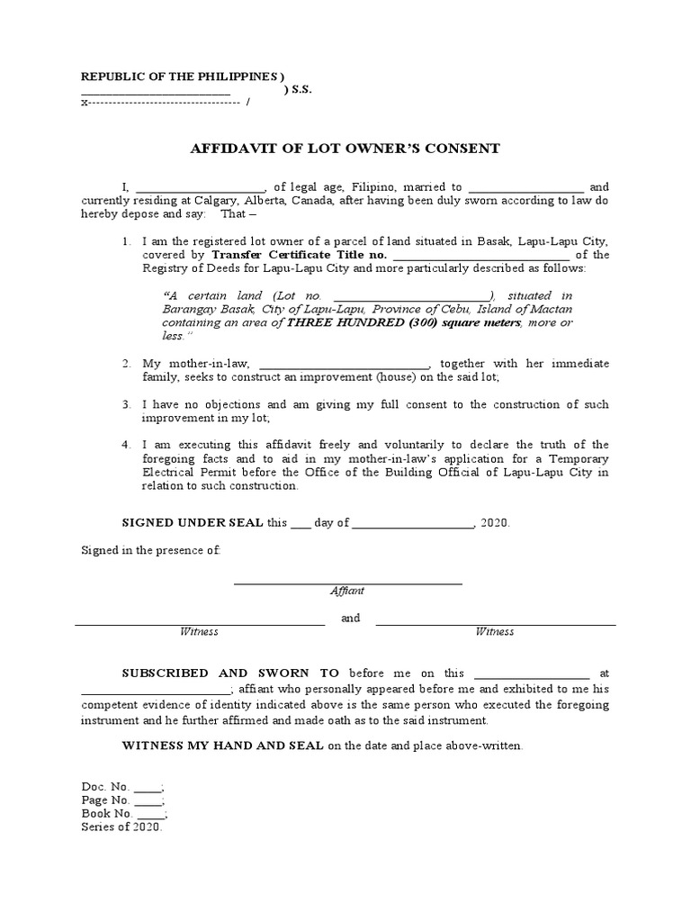 Affidavit of Lot Owner's Consent | PDF | Politics | Social Science