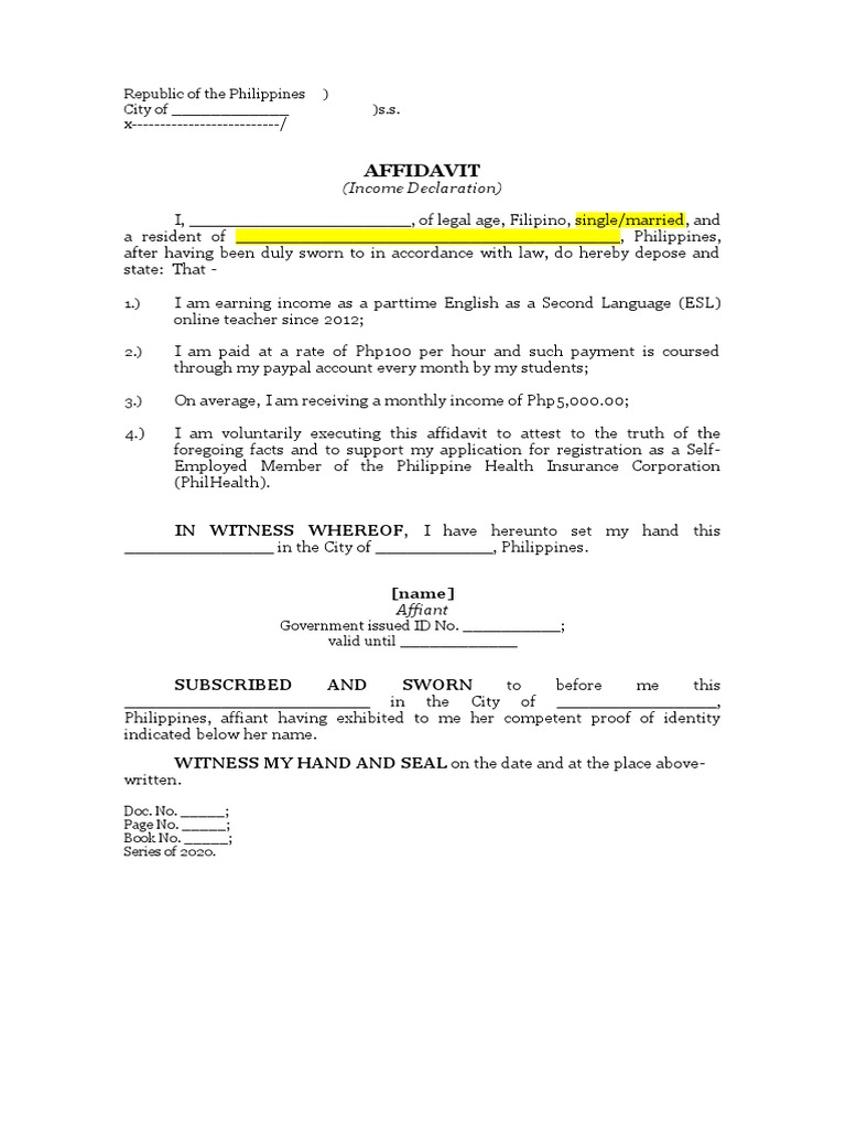Income Declaration Affidavit Sample | PDF | Social Science