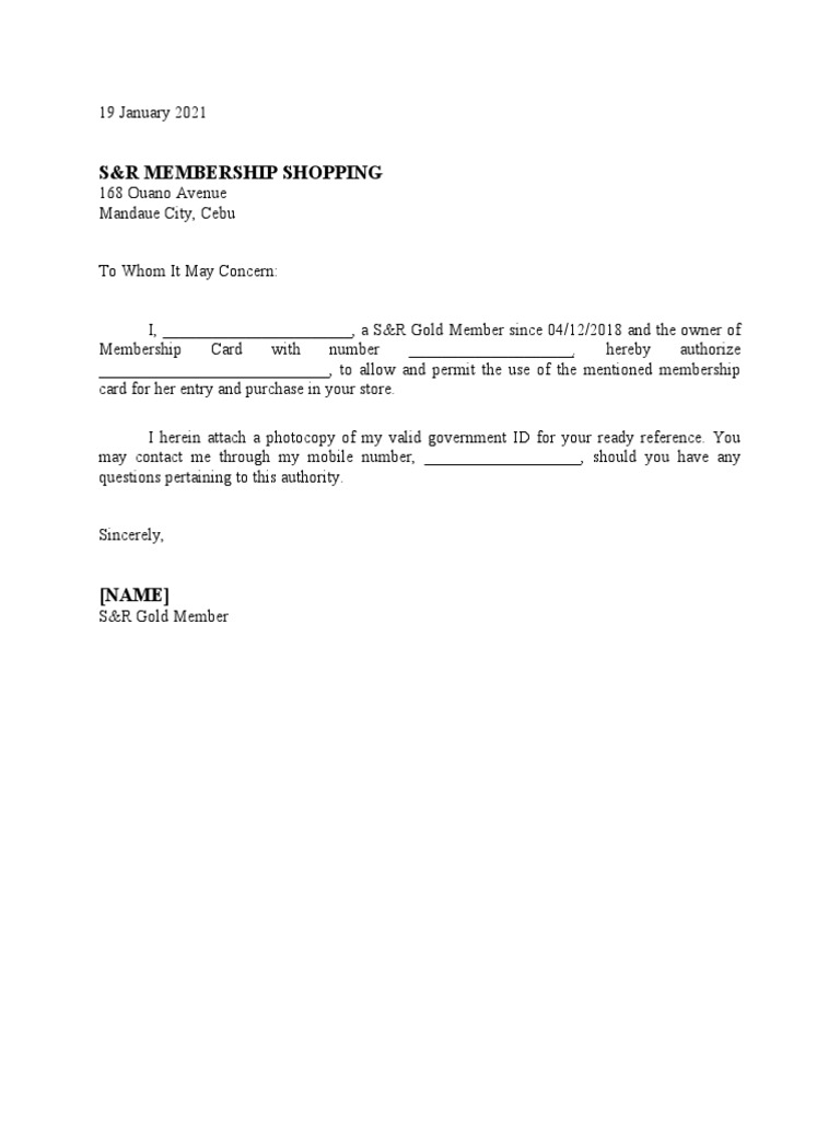 S&R Membership Card Authorization Letter | PDF | Business | Finance ...