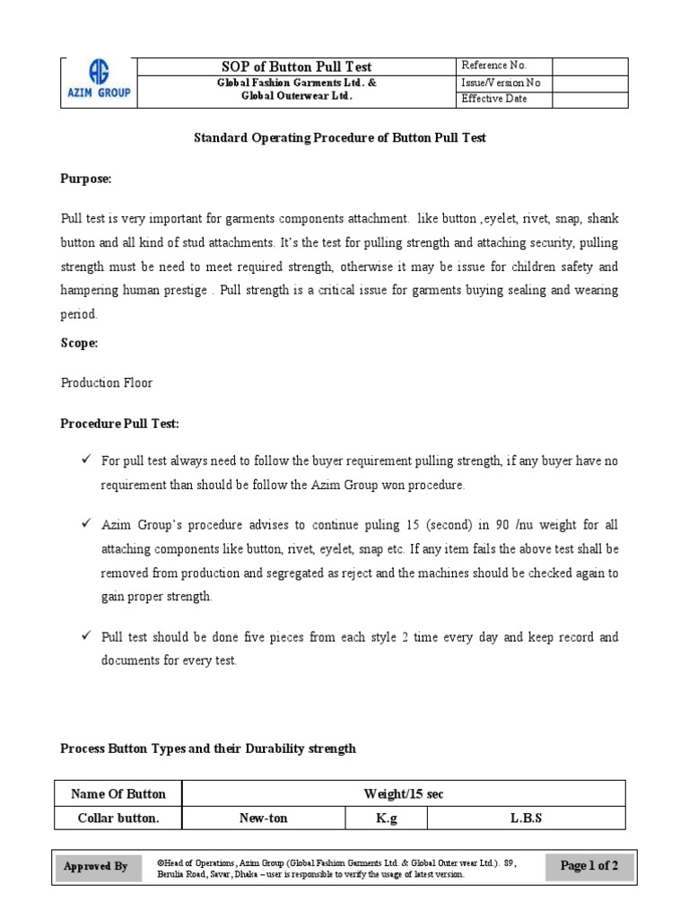 Button Pull Test SOP | PDF | Clothing | Business