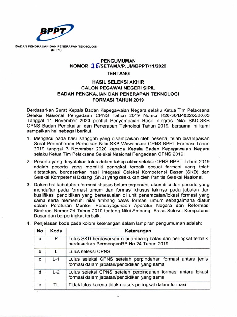 Cpns2019 Hasil SKD BPPT | PDF