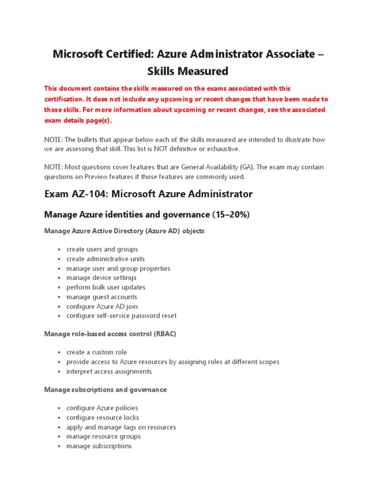 Microsoft Certified Azure Administrator Associate Skills Measured | PDF ...