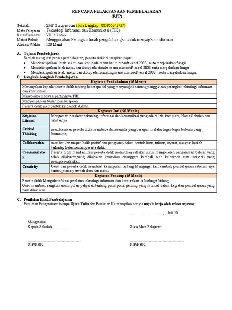 RPP 1 Lembar TIK SMP MTs Kelas VIII Semester 2 | PDF | Karier & Perkembangan | Seni