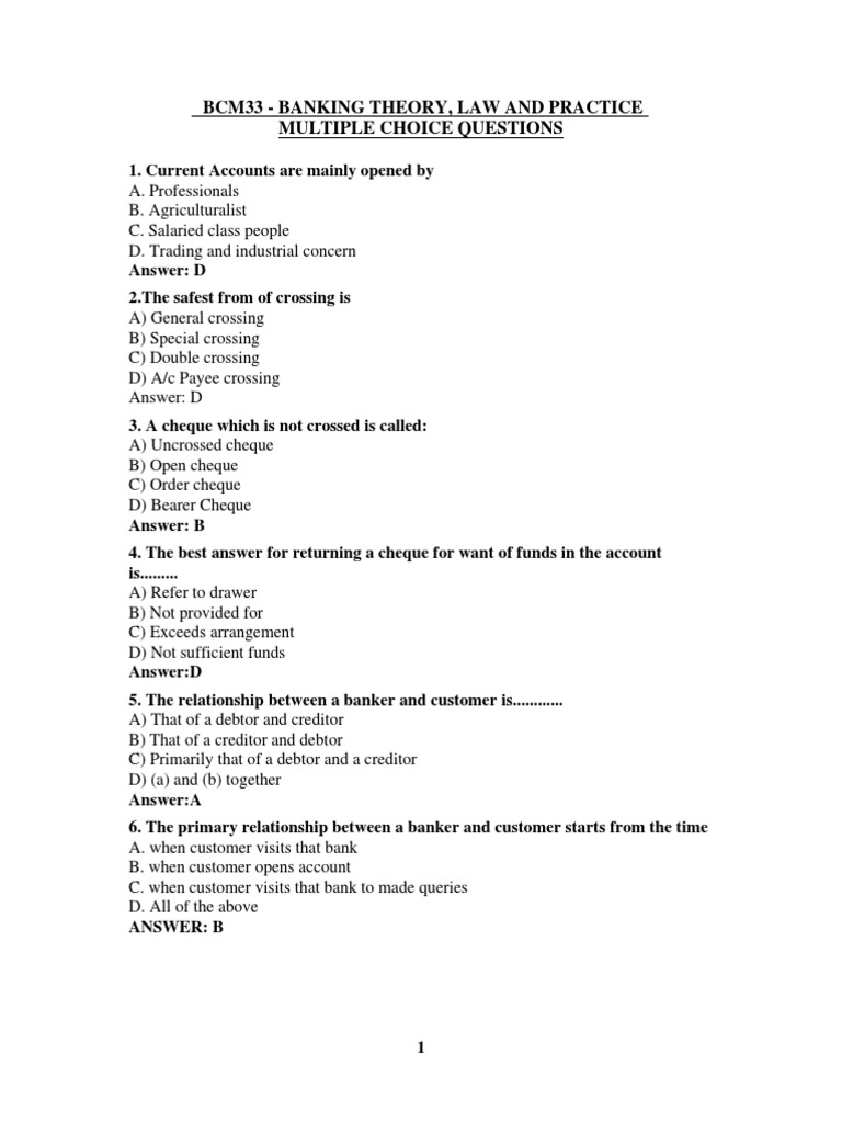 Bcm33 - Banking Theory, Law and Practice Multiple Choice Questions | PDF | Cheque | Banks