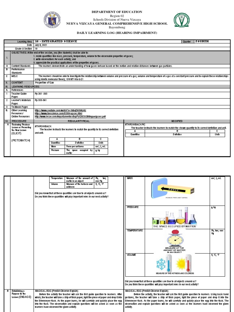 Sample DLL Gr10Science HI Nathaniel Almendra | PDF | Gases | Temperature