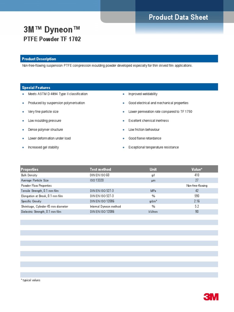 Technical Datasheet For 3mtm Dyneontm Ptfe Powder TF 1702 | PDF | Sintering | Temperature