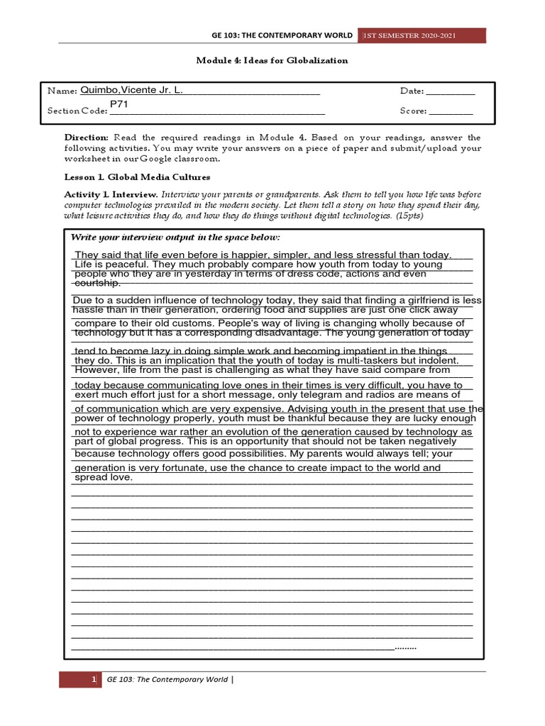 Module 4-Worksheet | PDF | Mass Media | Globalization