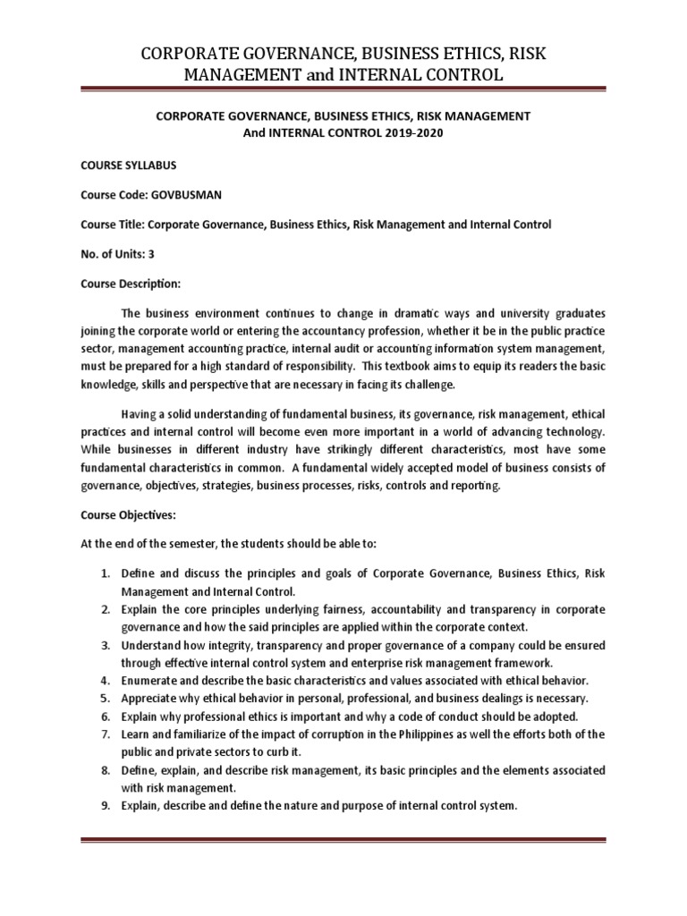 Corporate Governance, Business Ethics, Risk Management and Internal ...