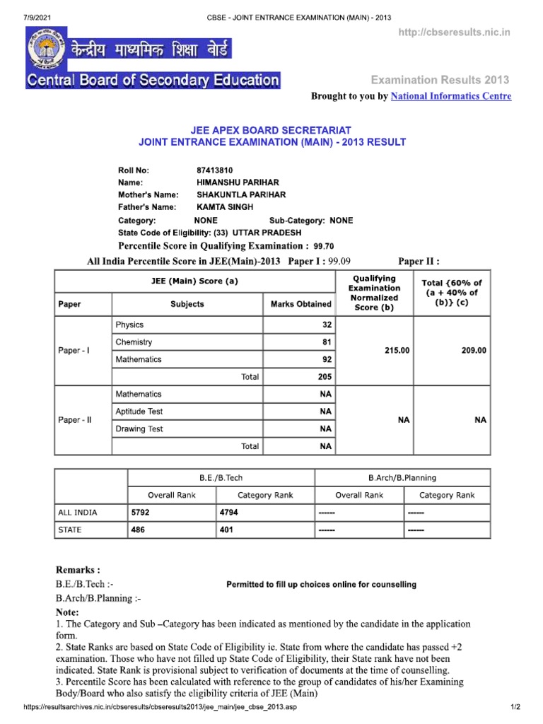 JEE Mains Score Card | PDF
