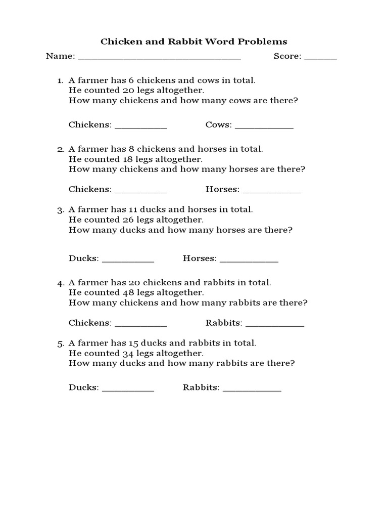 Chicken and Rabbit Word Problems | PDF | Teaching Methods & Materials ...