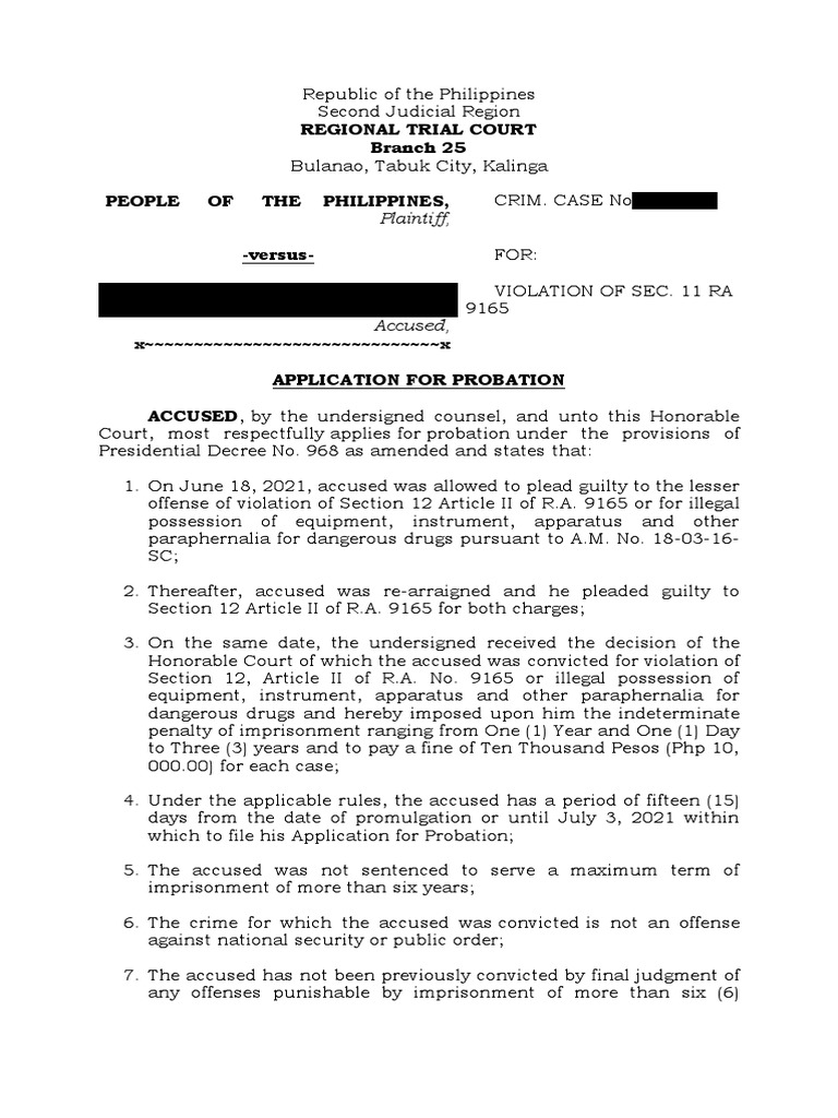 Application For Probation Sample | PDF | Probation | Legal Procedure