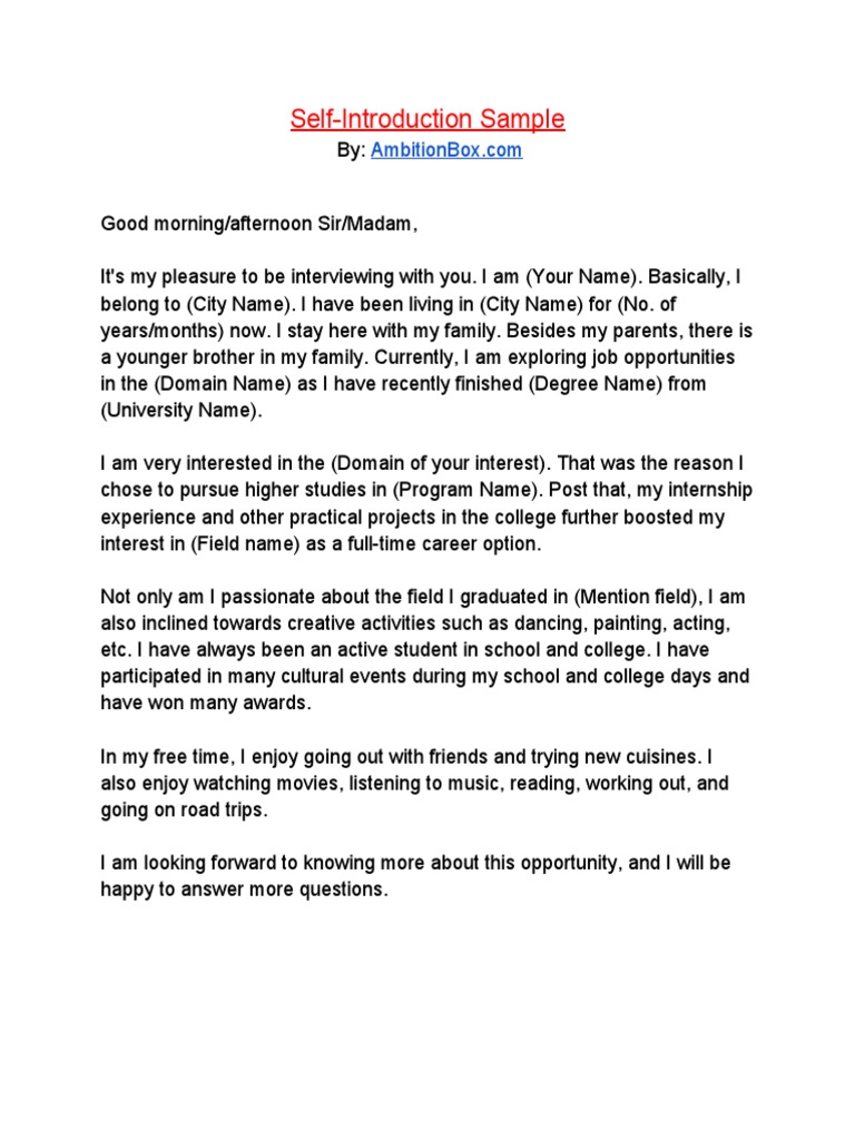 Self Introduction Sample For Students