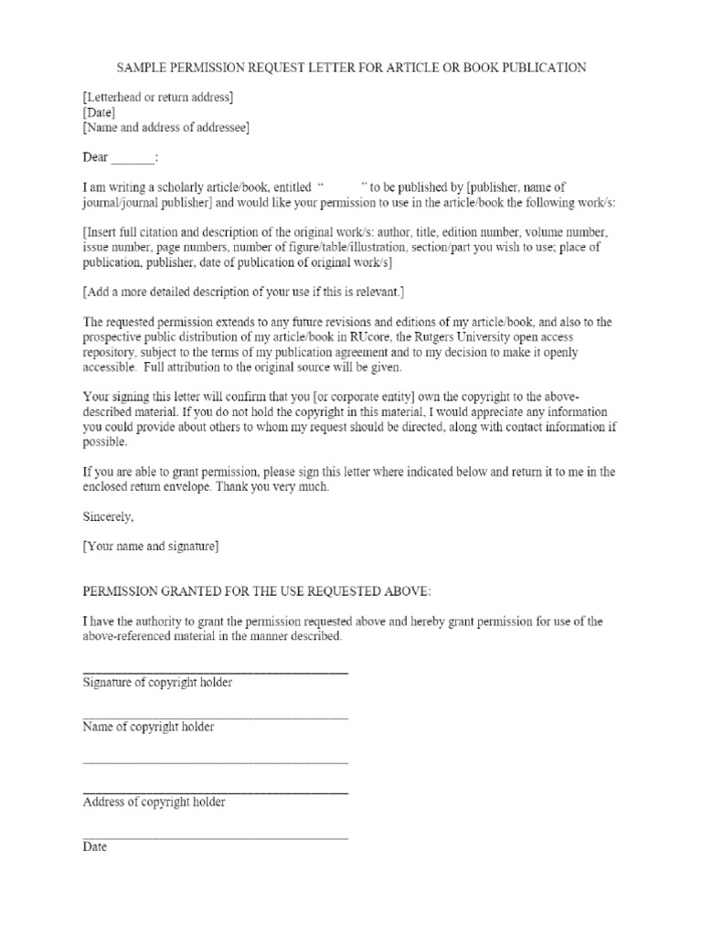 SAMPLE PERMISSION REQUEST LETTER FOR ARTICLE OR BOOK PUBLICATION (Date ...
