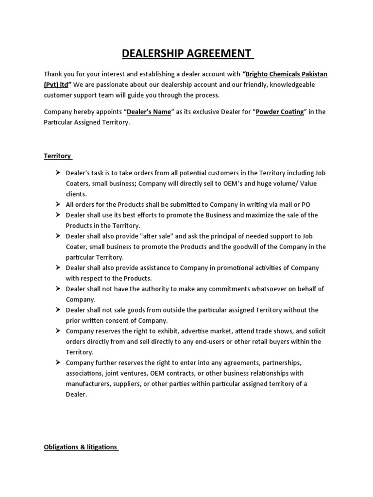 Dealership Agreement: (PVT) LTD" We Are Passionate About Our Dealership ...