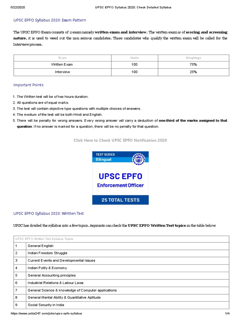 UPSC EPFO Syllabus 2020 - Check Detailed Syllabus | PDF | Test ...