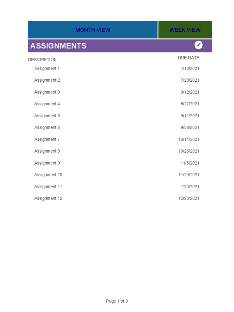 Assignments: Month View Week View | PDF
