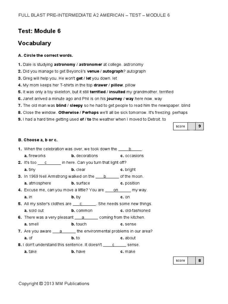Full Blast - American - Pre Intermediate A2 - Tests - Mod - 6 | PDF