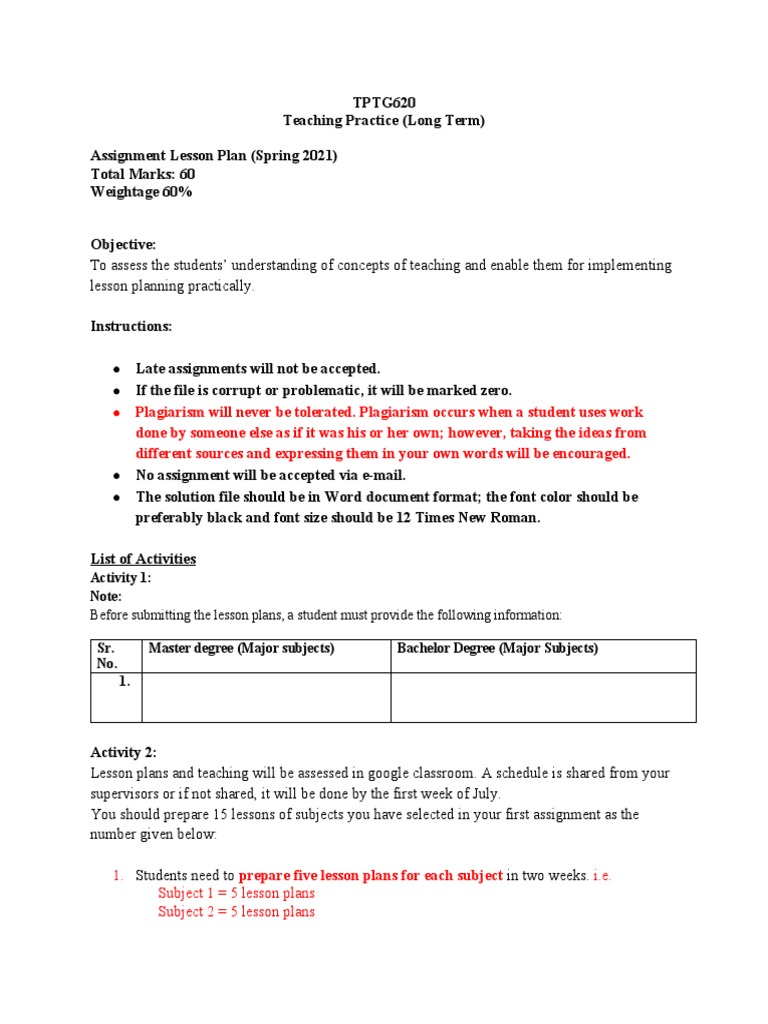 TPTG620 Teaching Practice (Long Term) Assignment Lesson Plan (Spring ...