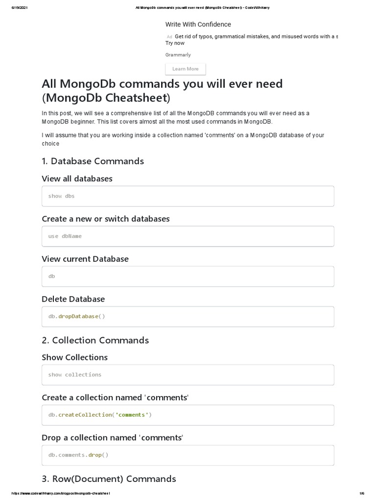 All MongoDb Commands You Will Ever Need (MongoDb Cheatsheet) - CodeWithHarry | PDF | Mongo Db ...