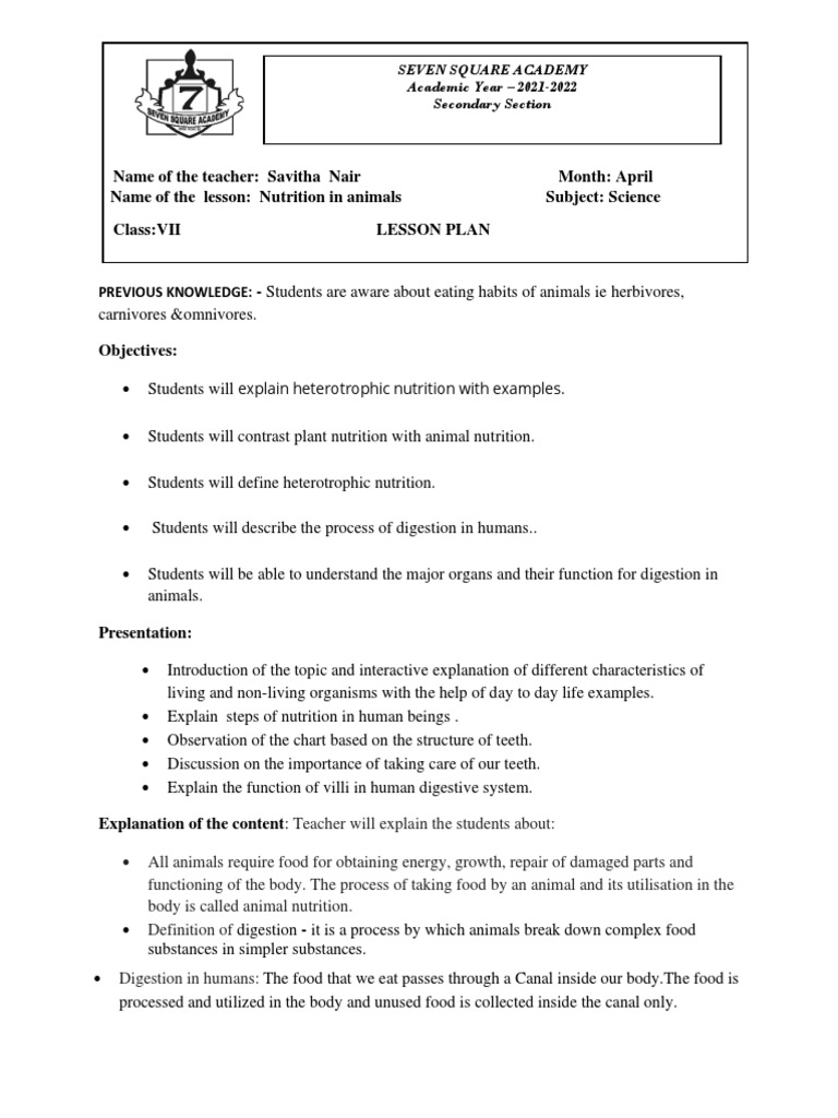 Lesson Plan 7th-DIGESTION IN ANIMALS | PDF | Digestion ...