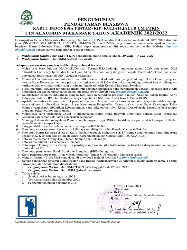 Pengumuman Pendaftaran Beasiswa Kartu Indonesia Pintar Kip Kuliah Jalur Um Ptkin Uin Alauddin ...