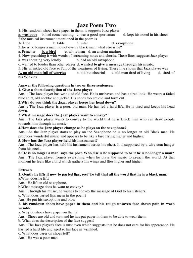 Jazz Poem Two (Poem) Notes-Karnataka State 10th (SSLC) 2nd Language ...