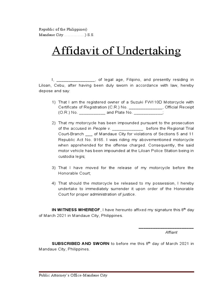 Affidavit of Undertaking Motorcycle