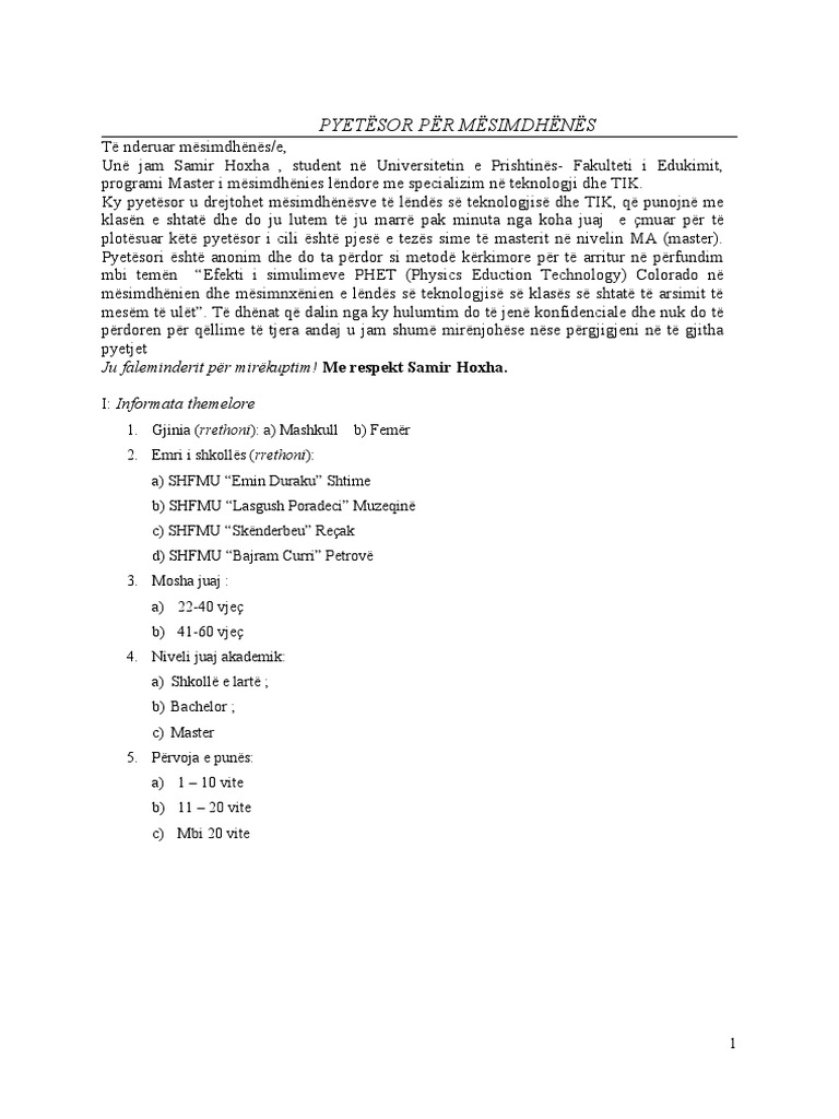 Pyetesori Per Mesimdhenes I SAMIR HOXHA | PDF