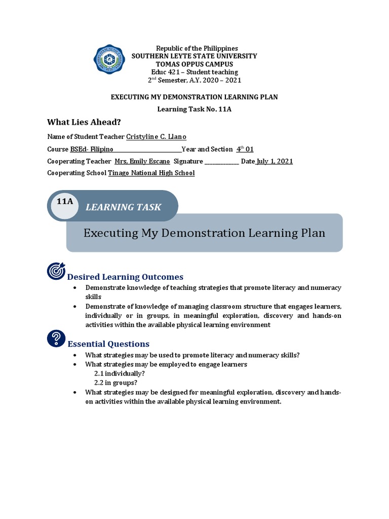 Executing My Demonstration Learning Plan | PDF | Teachers | Educational Assessment