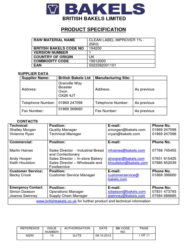 British Bakels Limited Product Specification: Emergency Contact | PDF ...