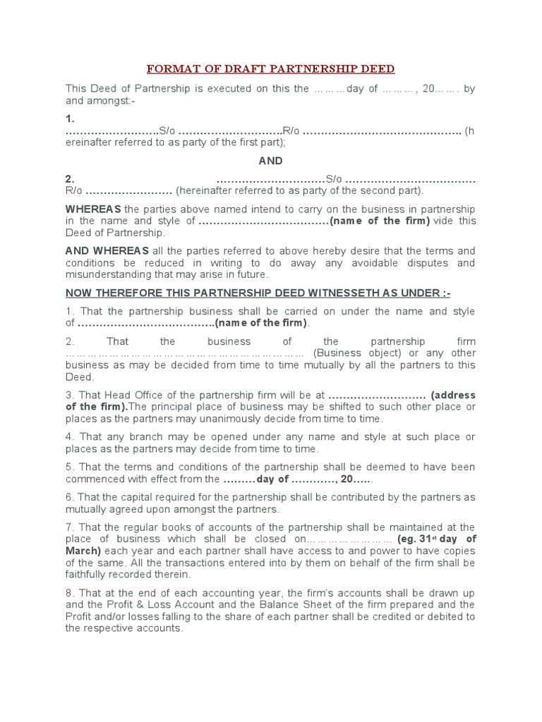 Sample Partnership Deed Format | PDF | Takeover | Partnership