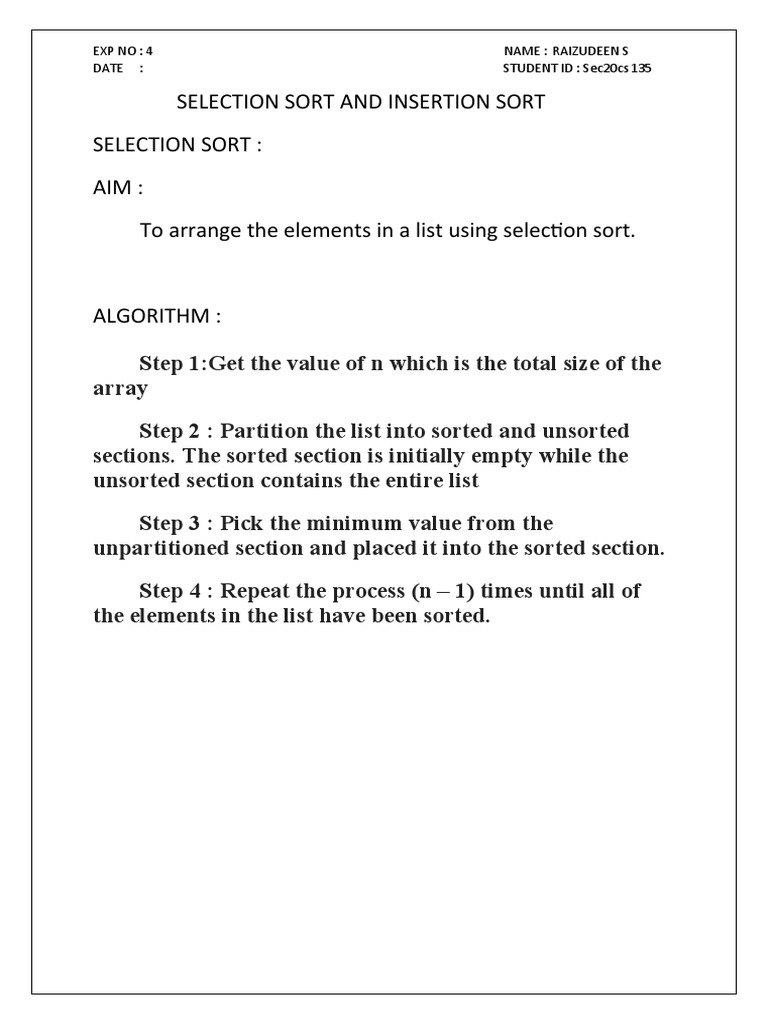 Selection Sort and Insertion Sort | PDF | Computing | Algorithms And ... Selection Sort and Insertion Sort | PDF | Computing | Algorithms And ...