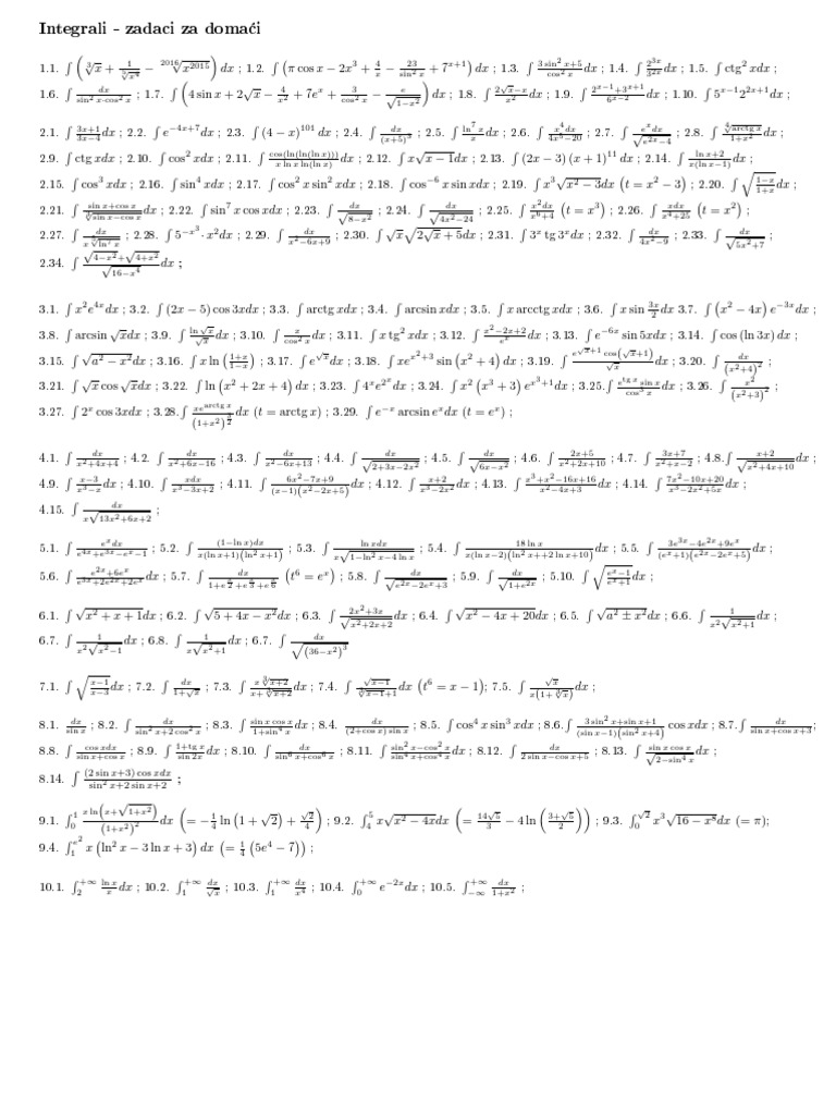 Integrali Zadaci Za Domaci | PDF | Teaching Mathematics