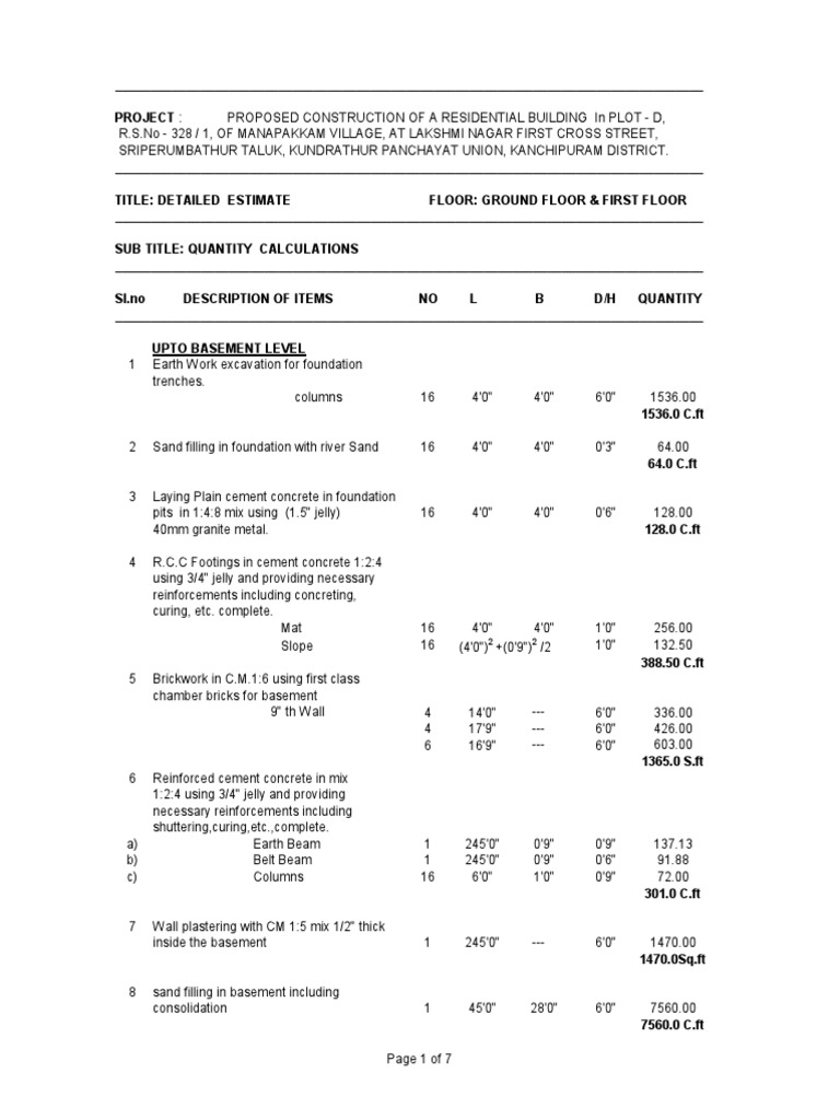 Detailed ESTIMATE | PDF | Basement | Concrete