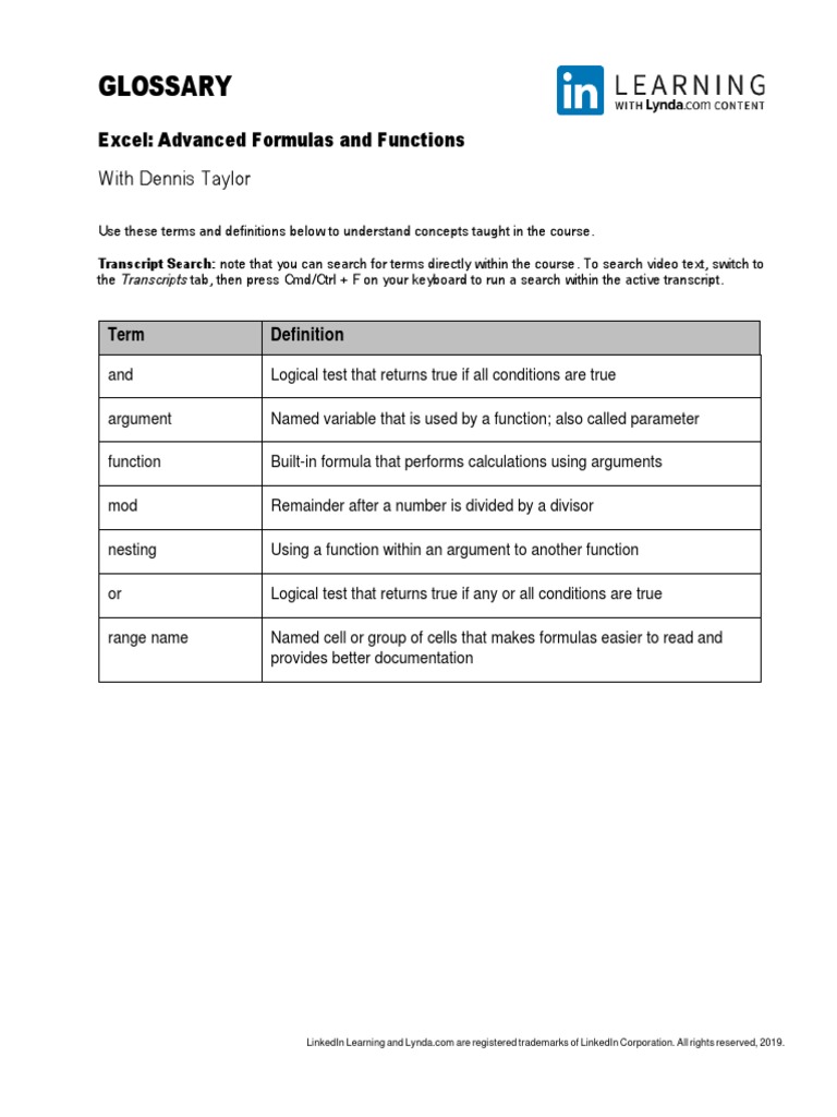 Glossary Excel Advanced Formulas Functions | PDF | Career & Growth