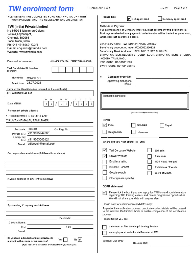 TWI India Enrolment Form From As Per Rev25 India-Signed | PDF ...